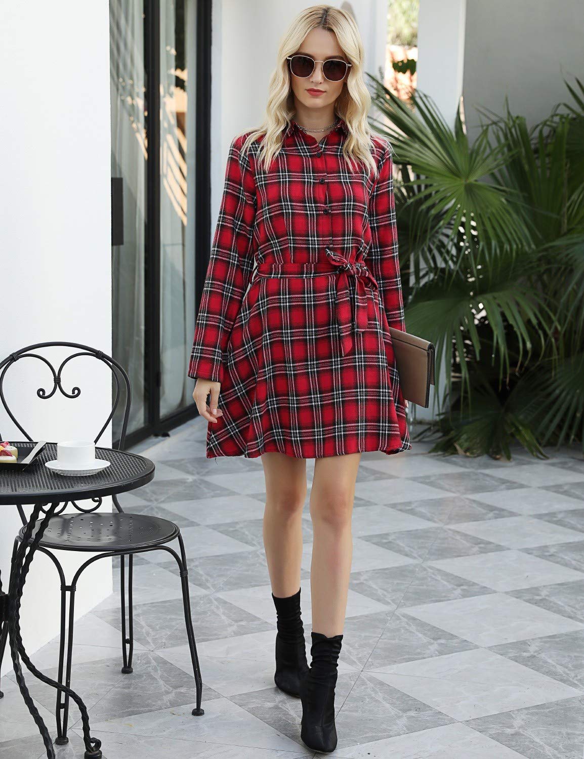 FANCYINN Womens Christmas Plaid Dresses Flannel Button Down Long Sleeve Shirt Dress Winter Casual Dresses Mini Dress with Pockets Red & White & Black L