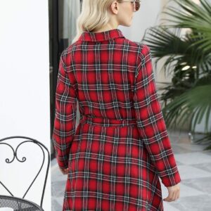 FANCYINN Womens Christmas Plaid Dresses Flannel Button Down Long Sleeve Shirt Dress Winter Casual Dresses Mini Dress with Pockets Red & White & Black L