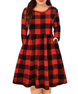 ritera plus size dress for women 4x black and red plaid long sleeve dress elastic high waist crewneck fall winter flowy casual christmas dress with pocket 4xl 24w 26w