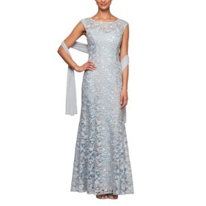 alex evenings women's petite long sleeveless dress with shawl, light blue lace, 12p