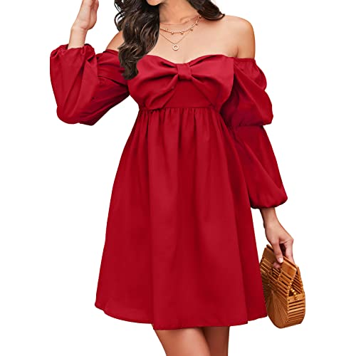 EXLURA Womens Summer Casual Wedding Guest Dress Square Bow Neck Long Puff Sleeve Dress Empire Waist Babydoll Mini Dress Wine