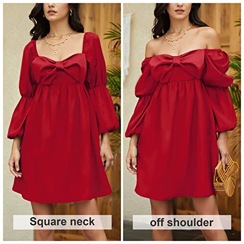 EXLURA Womens Summer Casual Wedding Guest Dress Square Bow Neck Long Puff Sleeve Dress Empire Waist Babydoll Mini Dress Wine