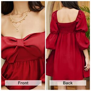 EXLURA Womens Summer Casual Wedding Guest Dress Square Bow Neck Long Puff Sleeve Dress Empire Waist Babydoll Mini Dress Wine