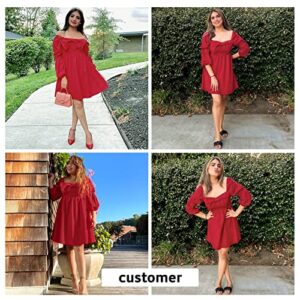 EXLURA Womens Summer Casual Wedding Guest Dress Square Bow Neck Long Puff Sleeve Dress Empire Waist Babydoll Mini Dress Wine