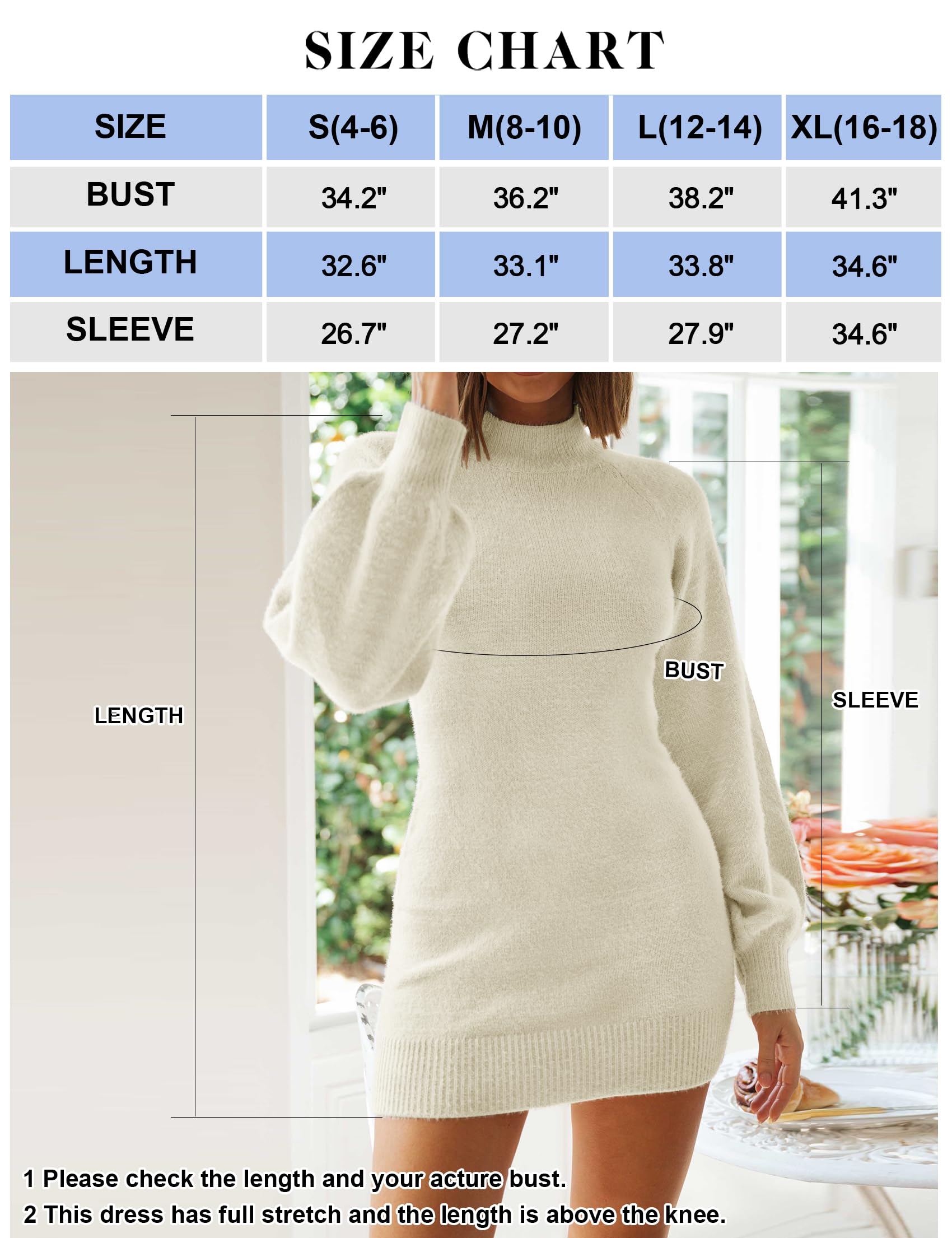 ZESICA Women's 2024 Casual Turtleneck Long Puff Sleeve Soft Fuzzy Knit Bodycon Pullover Mini Sweater Dress,Apricot,Large