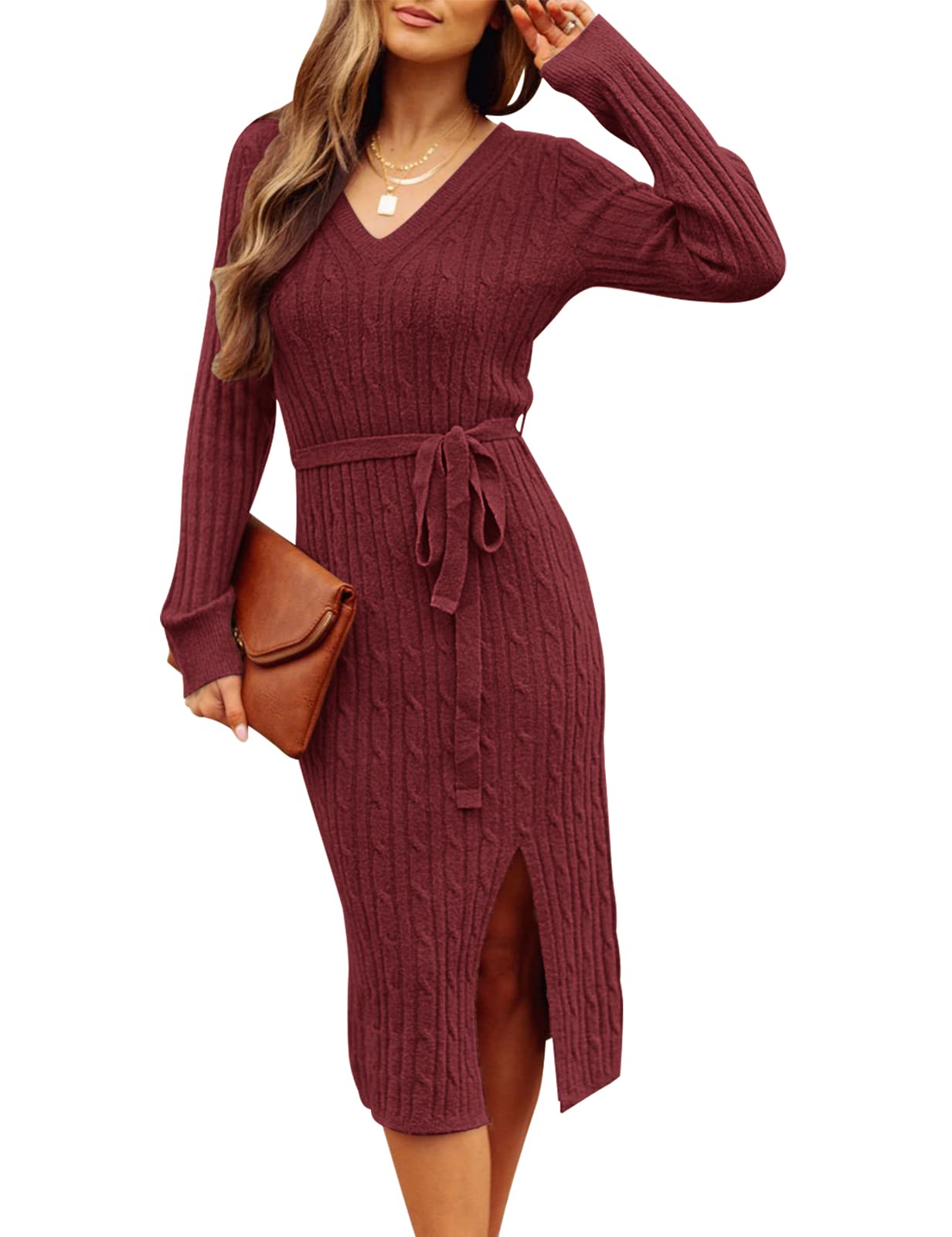 MEROKEETY Women's Long Sleeve V Neck Cable Knit Belted Bodycon Slit Sweater Dress for Party,Burgundy,S