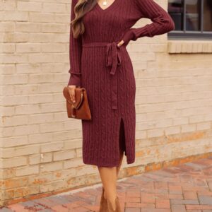 MEROKEETY Women's Long Sleeve V Neck Cable Knit Belted Bodycon Slit Sweater Dress for Party,Burgundy,S