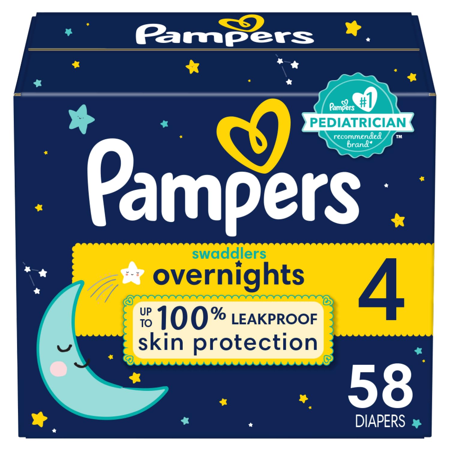 Pampers Swaddlers Overnights Diapers - Size 4, 58 Count, Disposable Baby Diapers, Night Time Skin Protection