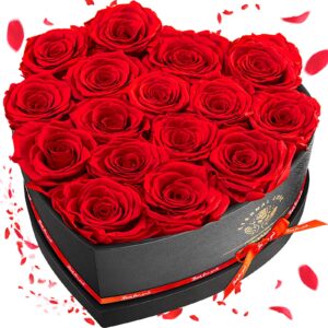 impouo 16 preserved flower, fresh forever roses in heart shape box, eternal roses, birthday gifts for women, wife, her, mother's day, valentine's day-red roses