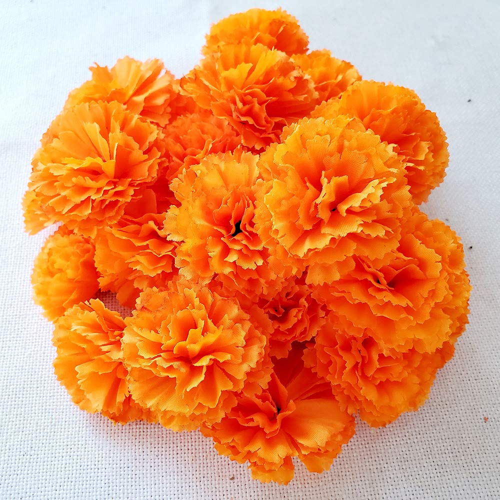 TRvancat Marigold Flowers Heads Bulk, Silk Artificial Flowers for Diwali,Indian Festival, DIY Marigold Garland Day of The Dead Decorations (Orange)