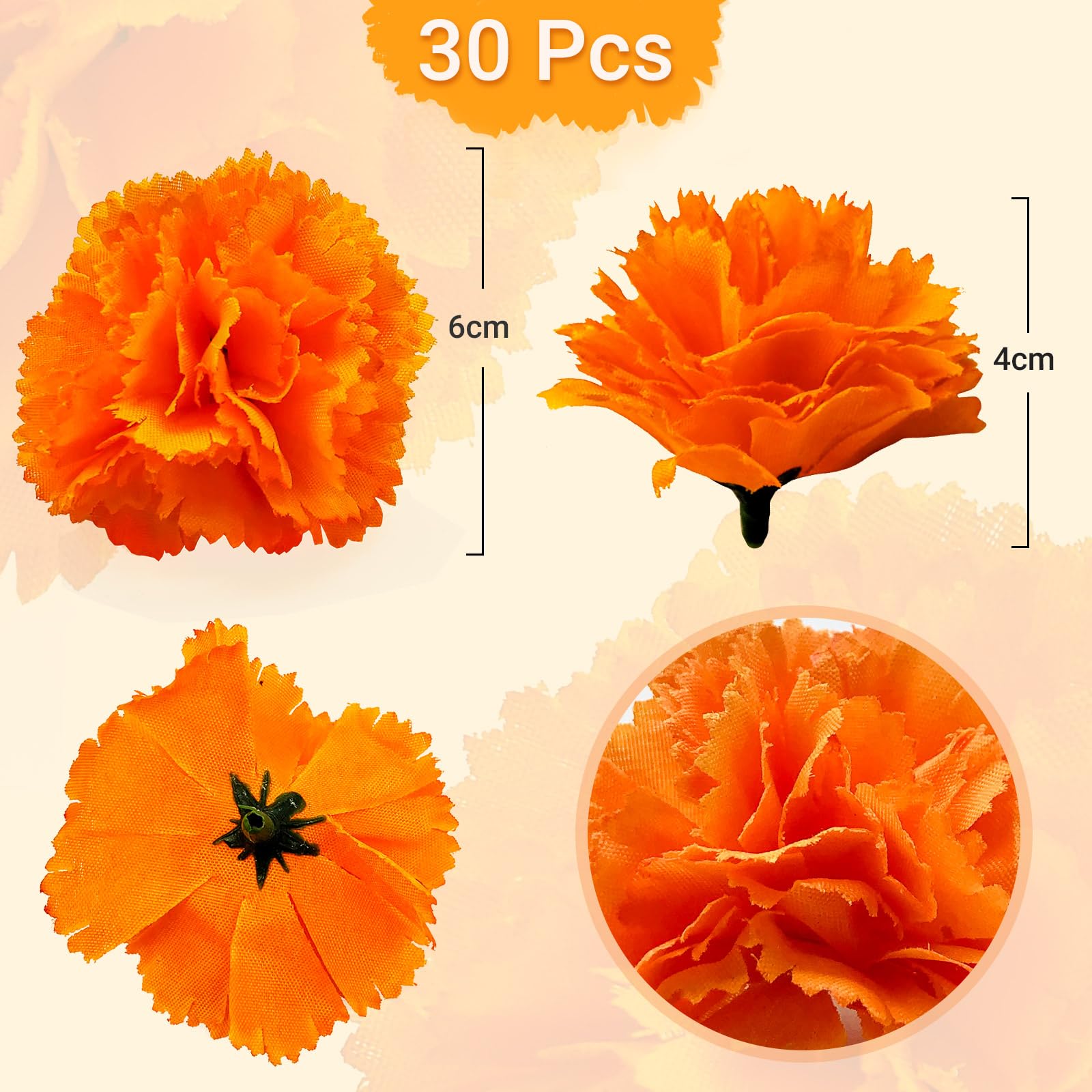 TRvancat Marigold Flowers Heads Bulk, Silk Artificial Flowers for Diwali,Indian Festival, DIY Marigold Garland Day of The Dead Decorations (Orange)