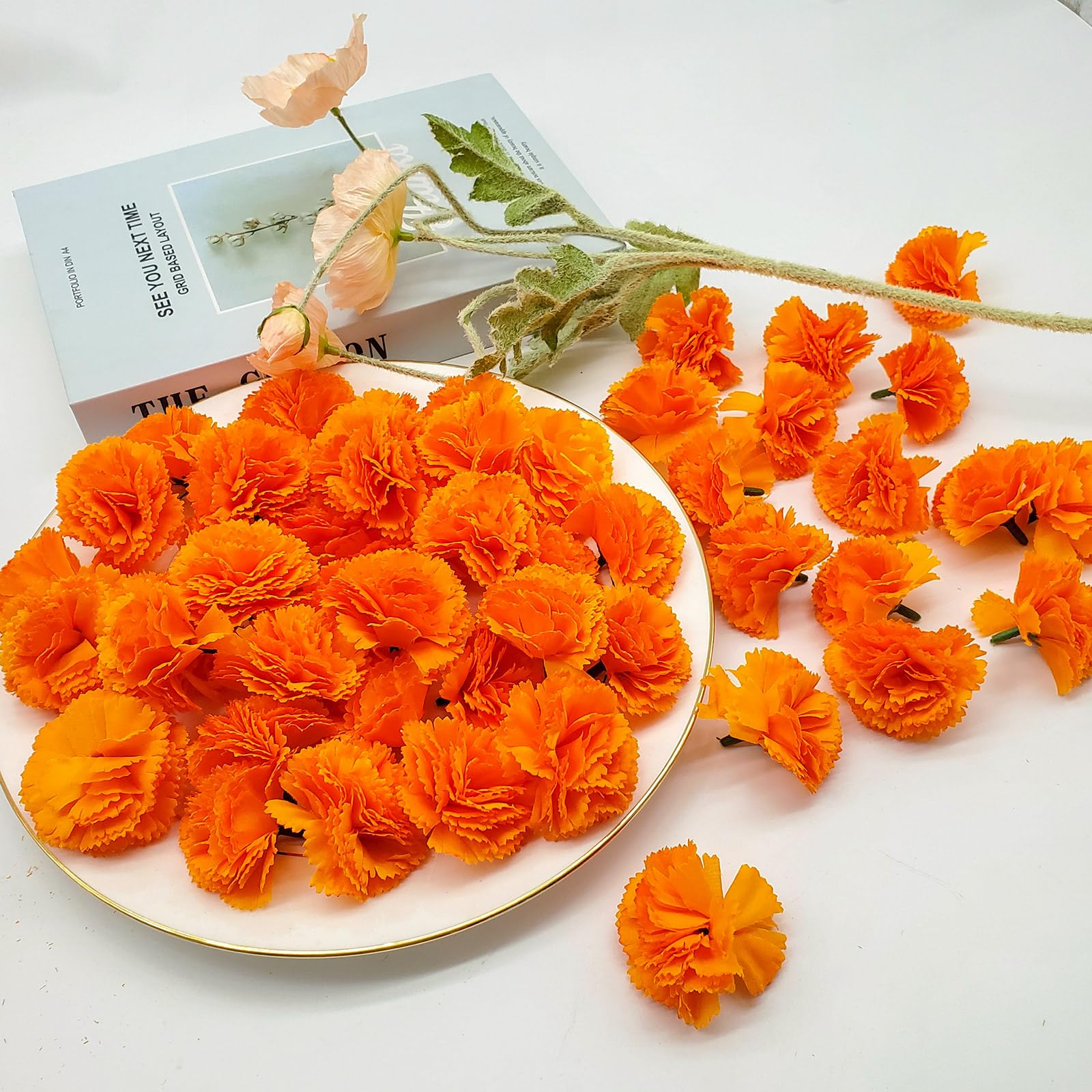 TRvancat Marigold Flowers Heads Bulk, Silk Artificial Flowers for Diwali,Indian Festival, DIY Marigold Garland Day of The Dead Decorations (Orange)