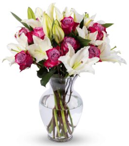 benchmark bouquets - lavender roses & lilies (glass vase included), next-day delivery, gift fresh flowers for birthday, anniversary, get well, sympathy, graduation, congratulations, thank you