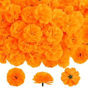 m&c music color marigold flowers heads bulk, 50pcs silk marigold flowers artificial for decoration diy wreath garland craft wedding party baby shower decoration halloween christmas (orange)