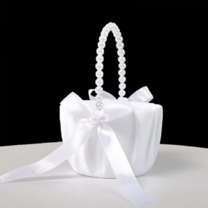 atailove wedding flower girl baskets with pearl handle, satin bowknot flower baskets for flower girl pearl collection - white