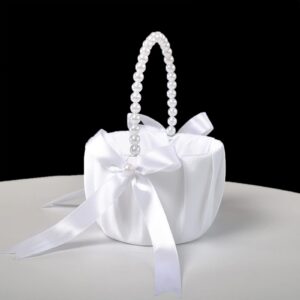 ATAILOVE Wedding Flower Girl Baskets with Pearl Handle, Satin Bowknot Flower Baskets for Flower Girl Pearl Collection - White