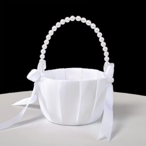 ATAILOVE Wedding Flower Girl Baskets with Pearl Handle, Satin Bowknot Flower Baskets for Flower Girl Pearl Collection - White