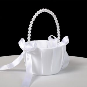 ATAILOVE Wedding Flower Girl Baskets with Pearl Handle, Satin Bowknot Flower Baskets for Flower Girl Pearl Collection - White