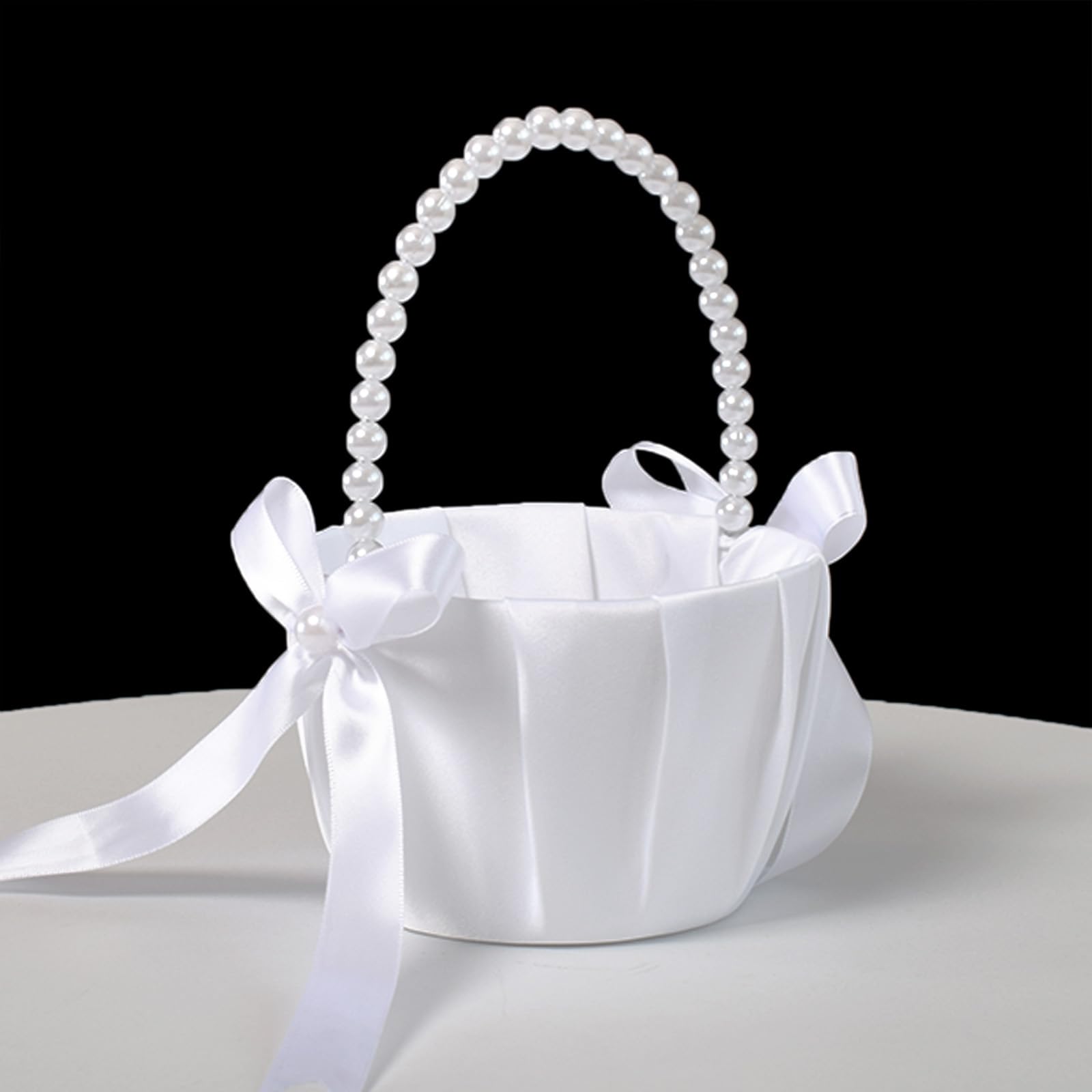 ATAILOVE Wedding Flower Girl Baskets with Pearl Handle, Satin Bowknot Flower Baskets for Flower Girl Pearl Collection - White