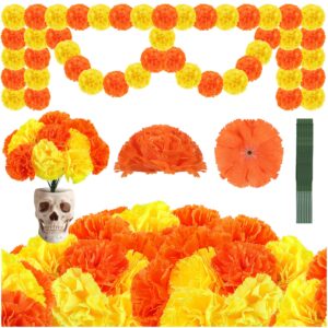 100pcs artificial marigold flowers heads silk orange yellow flower for dia de los muertos day of the dead diwali home decor indian theme weddings diy wreath garland decoration