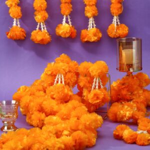 Giegxin 10 Pcs 5 Feet Artificial Marigold Flowers Garland Indian American Decor Orange Flowers Wedding Party Mantle Decoration for Diwali Pooja Festival Christmas Party