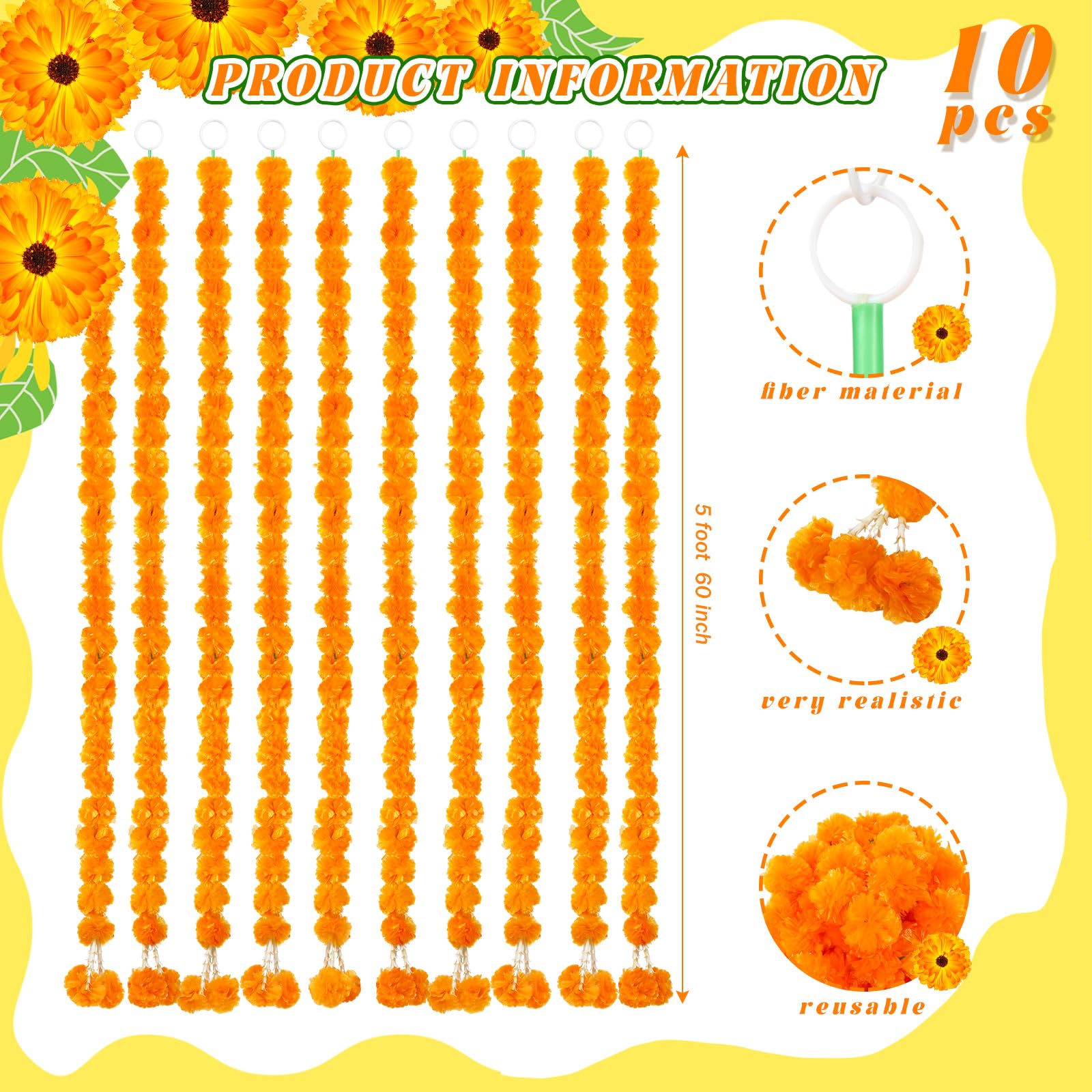 Giegxin 10 Pcs 5 Feet Artificial Marigold Flowers Garland Indian American Decor Orange Flowers Wedding Party Mantle Decoration for Diwali Pooja Festival Christmas Party