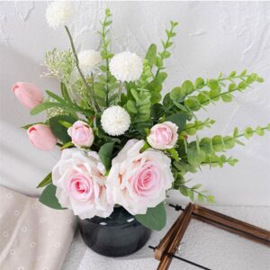 KIRIFLY Artificial Flowers Fake Silk Roses Eucalyptus Stems Floral Arrangements Wedding Bouquets Decorations Table Centerpieces Plastic Faux Plants Décor(Pink White)