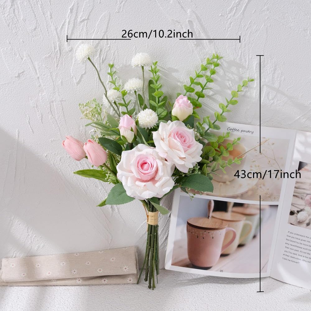 KIRIFLY Artificial Flowers Fake Silk Roses Eucalyptus Stems Floral Arrangements Wedding Bouquets Decorations Table Centerpieces Plastic Faux Plants Décor(Pink White)