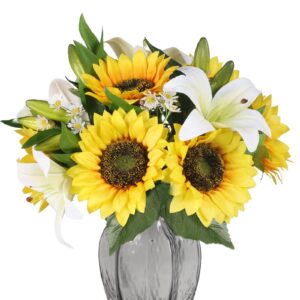 huaesin 11pcs artificial sunflower bouquets faux flowers bouquet with realistic lily spring silk sunflowers summer floral arrangements for home living room kitchen table centerpieces party decor