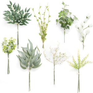 serra flora artificial greenery spray box set(pack of 50pcs) with 8 kinds of diy wedding bouquet filler table centerpieces and floral arrangement (spring green)