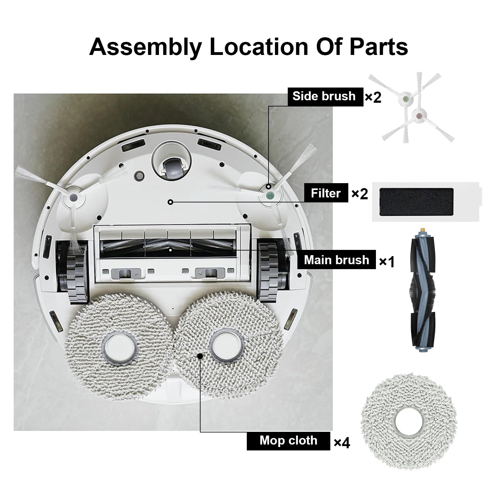 Replacement Parts for ECOVACS Deebot T20 omni/PRO/MAX T20 Pro/Max Plus Vacuum Cleaner Accessories 1 Main Brush, 4 Side Brushes, 4 Mop cloth, 3 Dust Bags, 2 filters(14 PCS)