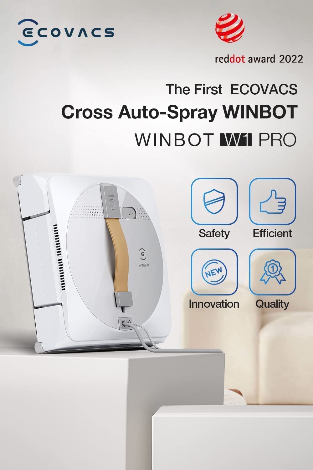 ECOVACS Winbot W1 Pro Window Cleaning Robot, Intelligent Cleaning with Dual Cross Water Spray Technology, Win SLAM 3.0 Path Planning, 2800Pa Suction Power, Edge Detection Technology, App Control,Grey