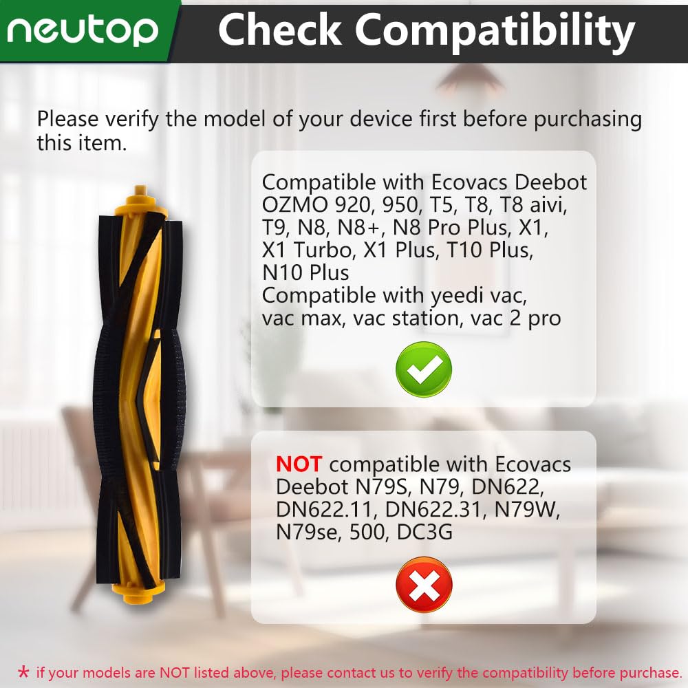 neutop Brush Rollers Compatible with Ecovacs Deebot OZMO 920, 950, T5, T8 aivi, T9, N8 Pro, X1 Turbo, X1 Plus, T10 Plus, N10 Plus, yeedi vac, vac max, vac station, vac 2 pro, Robot Vacuums, 2-Pack.