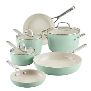 kitchenaid hard anodized ceramic ceramic nonstick cookware pots and pans set, 9 piece - pistachio