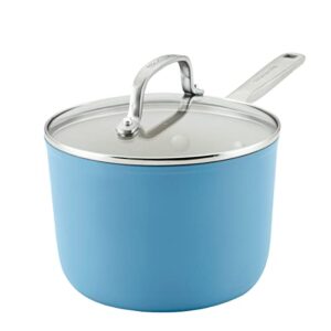 kitchenaid hard anodized ceramic nonstick cookware sauce pan with lid, 3 quart, blue velvet