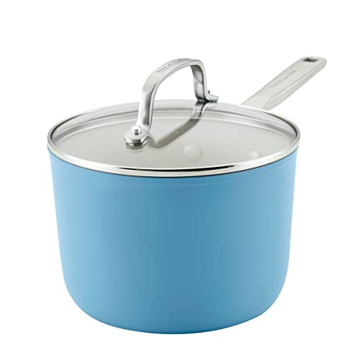 KitchenAid Hard Anodized Ceramic Nonstick Cookware Sauce Pan with Lid, 3 Quart, Blue Velvet