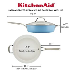 KitchenAid Hard Anodized Ceramic Nonstick Sauté Pan with Lid, 5 Quart, Blue Velvet