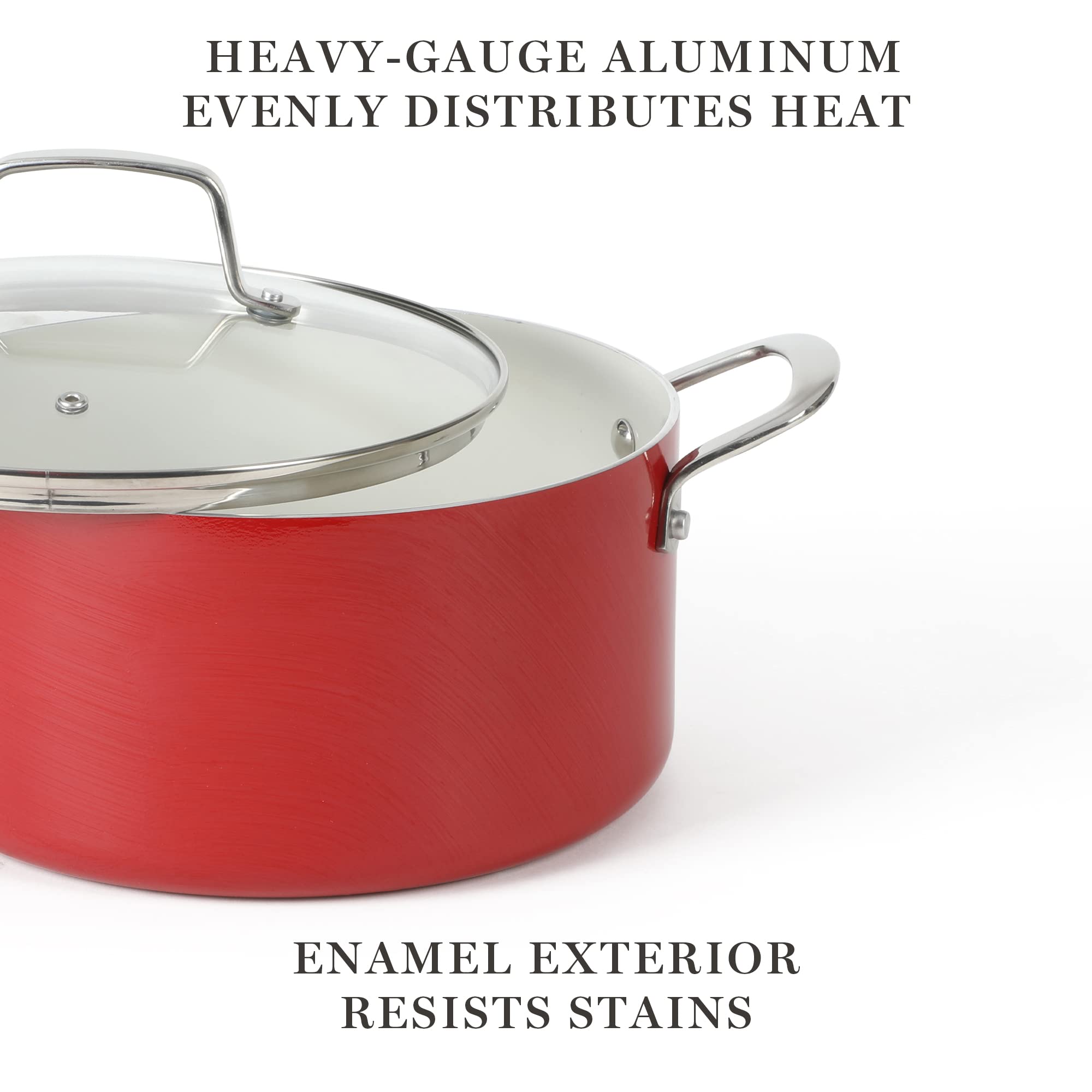 Martha Stewart Lockton Premium Nonstick PFA Free Ceramic Interior 10 Piece Enamel Heavy Gauge Aluminum Pots and Pans Cookware Set - Red