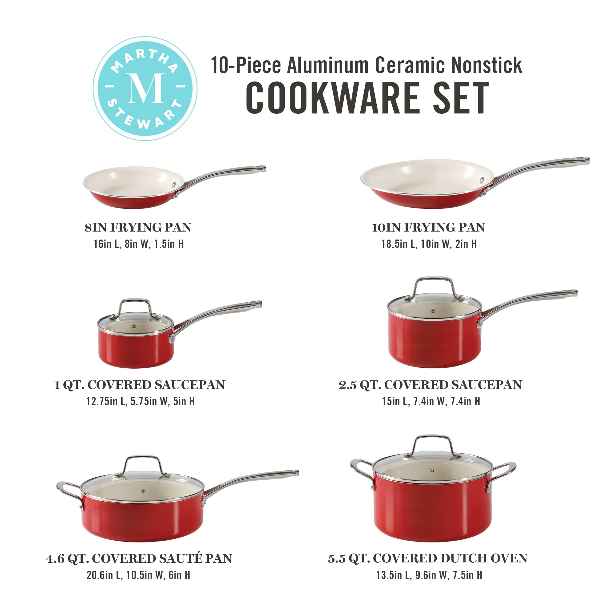 Martha Stewart Lockton Premium Nonstick PFA Free Ceramic Interior 10 Piece Enamel Heavy Gauge Aluminum Pots and Pans Cookware Set - Red