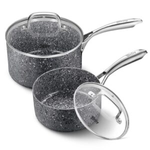 hlfrg saucepan set with lid, nonstick 2qt & 3qt sauce pan set with lid, small pot with lid, natural granite nonstick saucepan set, small sauce pots, grey pot set - 2qt & 3qt