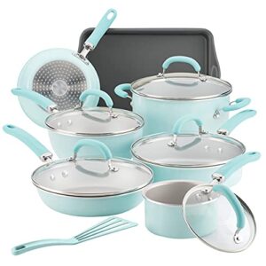 rachael ray create delicious nonstick cookware pots and pans set, 13 piece, light blue shimmer