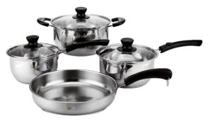 chandler cooking set stainless steel available in small, and large size include saucepans cooking pots pan deep pan with tempered glass lid commercial grade base 4 layers (stainless steel 7 pieces)