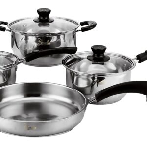 Chandler Cooking Set Stainless Steel Available in Small, and Large Size include Saucepans Cooking Pots Pan Deep Pan with Tempered Glass Lid Commercial Grade Base 4 Layers (Stainless Steel 7 Pieces)