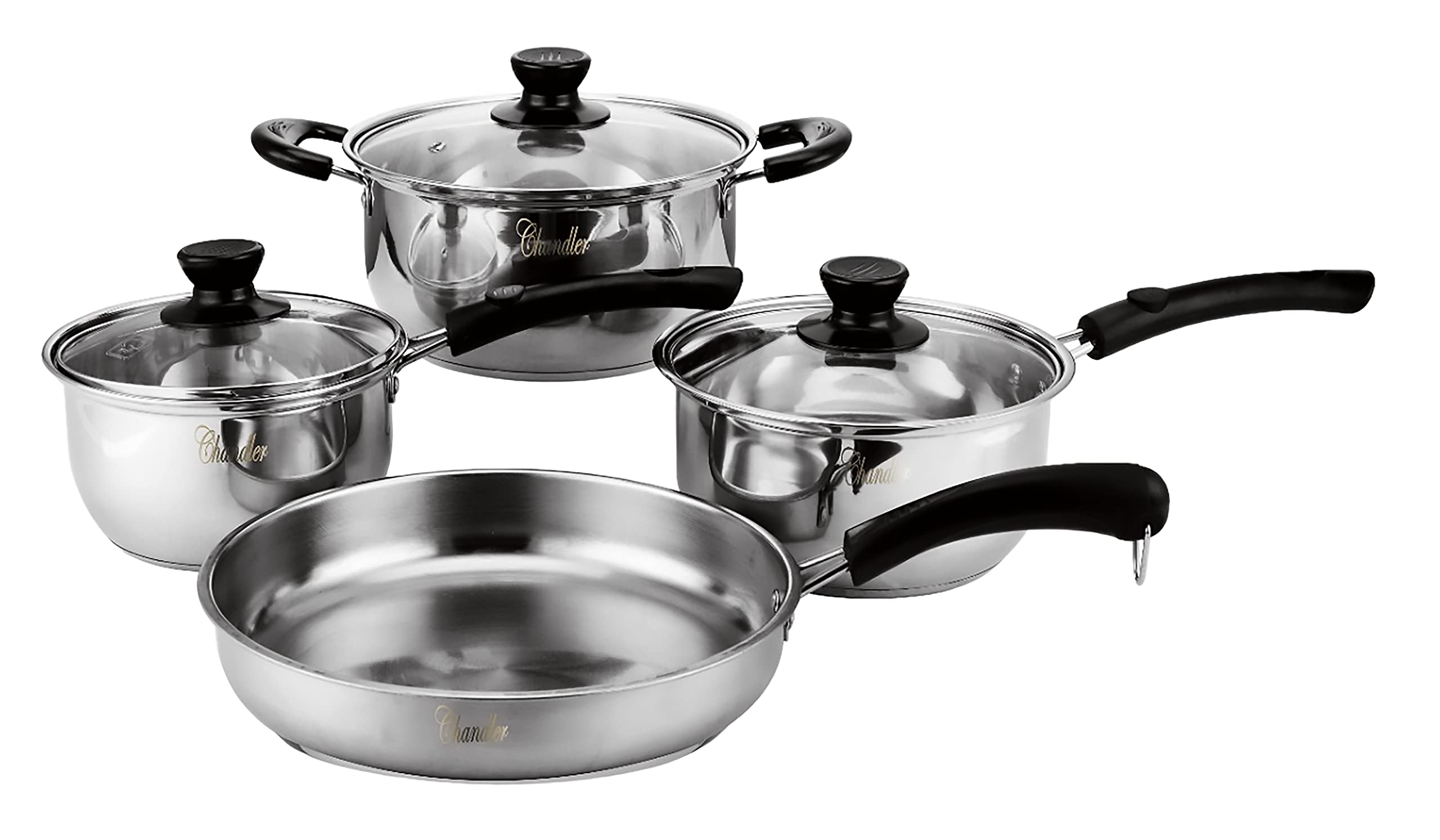 Chandler Cooking Set Stainless Steel Available in Small, and Large Size include Saucepans Cooking Pots Pan Deep Pan with Tempered Glass Lid Commercial Grade Base 4 Layers (Stainless Steel 7 Pieces)