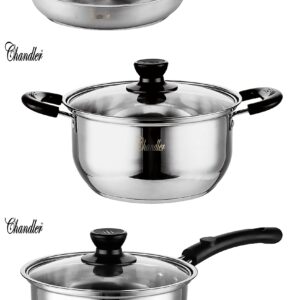 Chandler Cooking Set Stainless Steel Available in Small, and Large Size include Saucepans Cooking Pots Pan Deep Pan with Tempered Glass Lid Commercial Grade Base 4 Layers (Stainless Steel 7 Pieces)