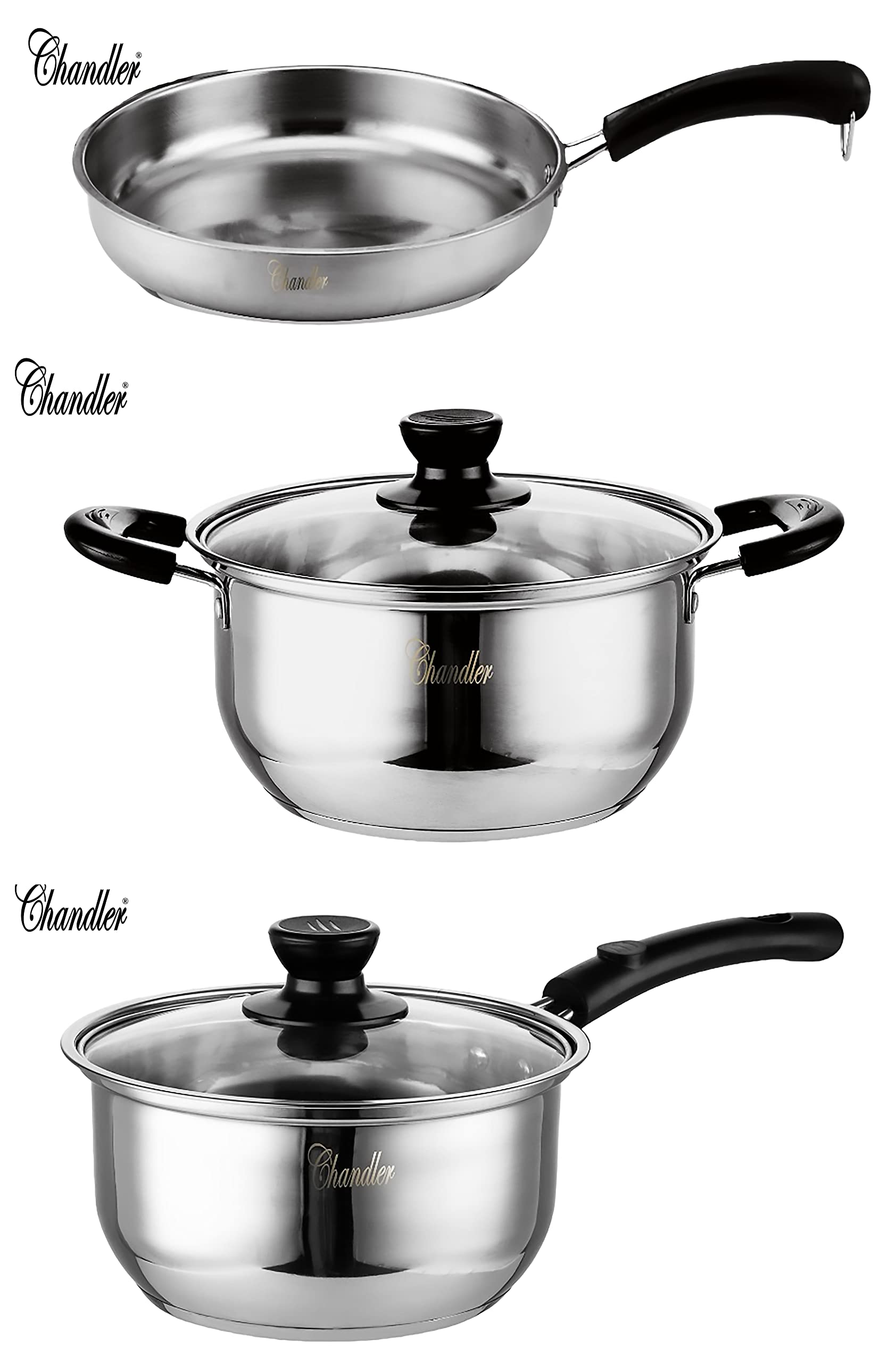 Chandler Cooking Set Stainless Steel Available in Small, and Large Size include Saucepans Cooking Pots Pan Deep Pan with Tempered Glass Lid Commercial Grade Base 4 Layers (Stainless Steel 7 Pieces)