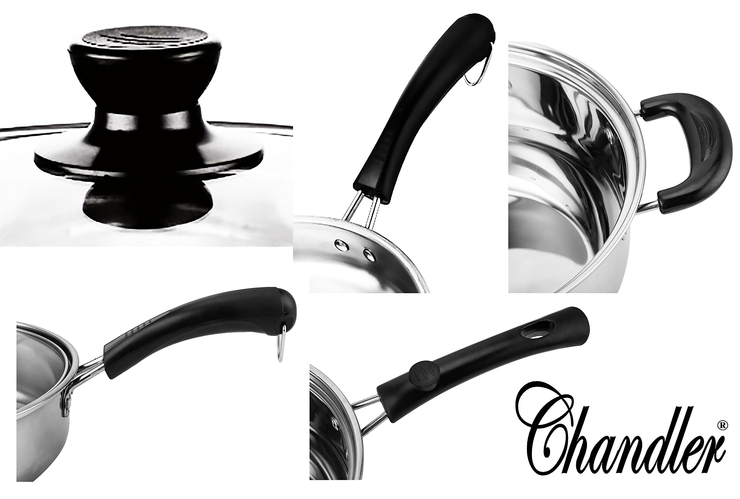 Chandler Cooking Set Stainless Steel Available in Small, and Large Size include Saucepans Cooking Pots Pan Deep Pan with Tempered Glass Lid Commercial Grade Base 4 Layers (Stainless Steel 7 Pieces)