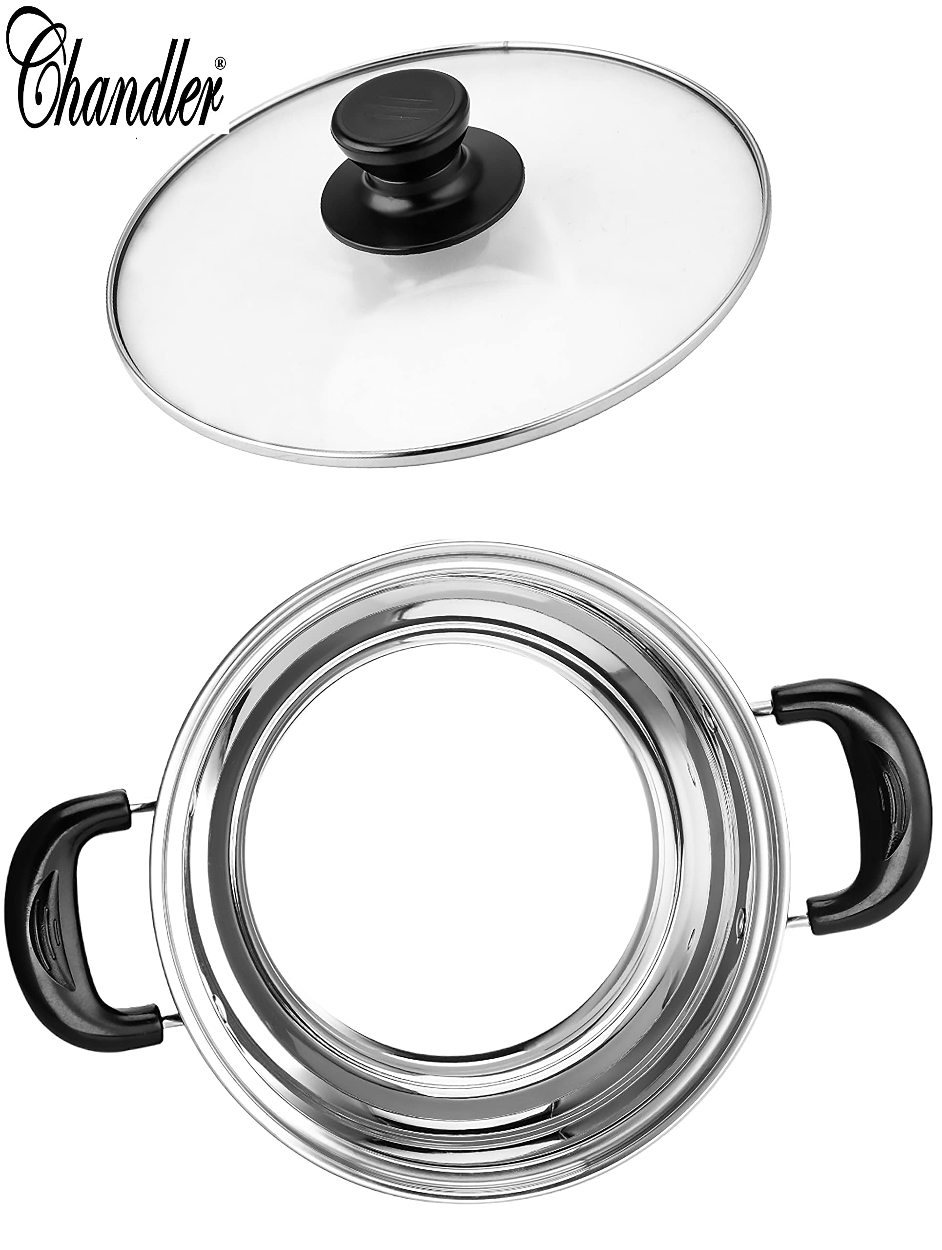 Chandler Cooking Set Stainless Steel Available in Small, and Large Size include Saucepans Cooking Pots Pan Deep Pan with Tempered Glass Lid Commercial Grade Base 4 Layers (Stainless Steel 7 Pieces)