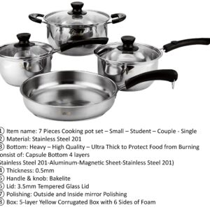 Chandler Cooking Set Stainless Steel Available in Small, and Large Size include Saucepans Cooking Pots Pan Deep Pan with Tempered Glass Lid Commercial Grade Base 4 Layers (Stainless Steel 7 Pieces)