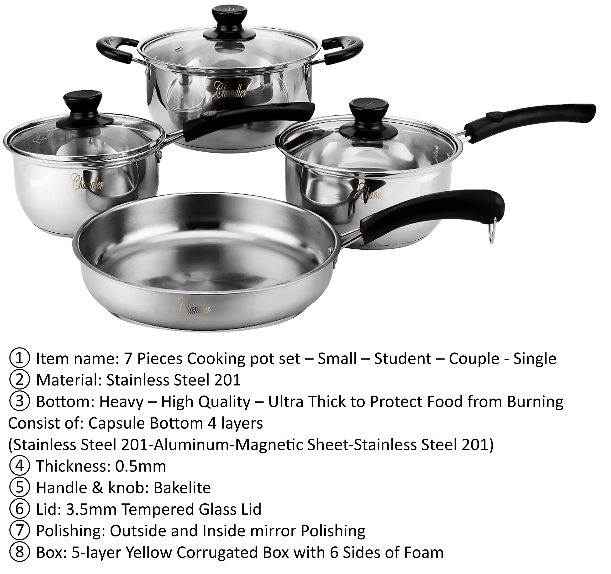 Chandler Cooking Set Stainless Steel Available in Small, and Large Size include Saucepans Cooking Pots Pan Deep Pan with Tempered Glass Lid Commercial Grade Base 4 Layers (Stainless Steel 7 Pieces)